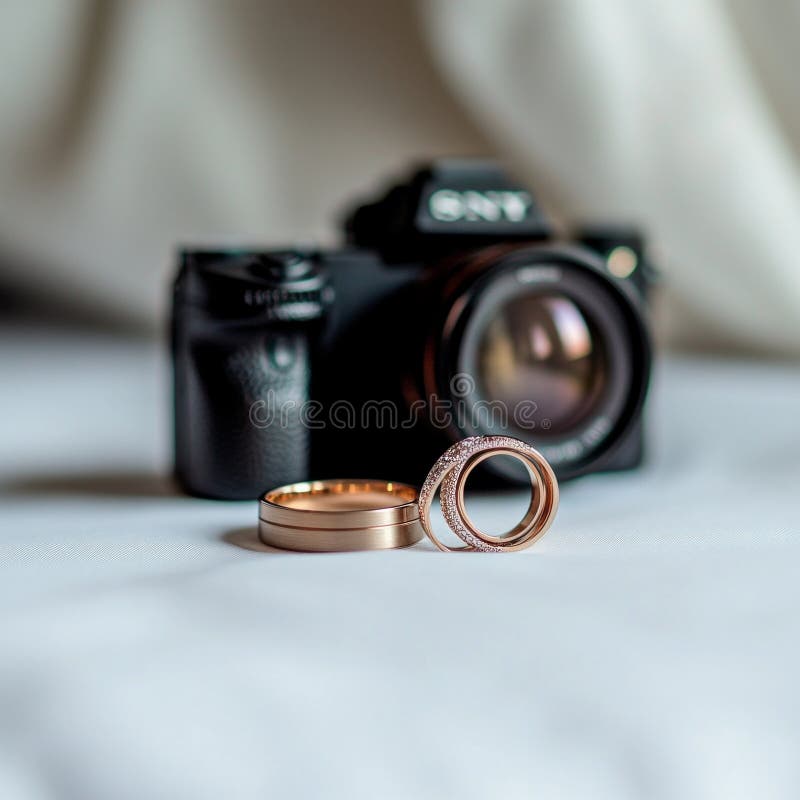 Wedding Rings and Camera on White Surface Stock Image - Image of bokeh ...