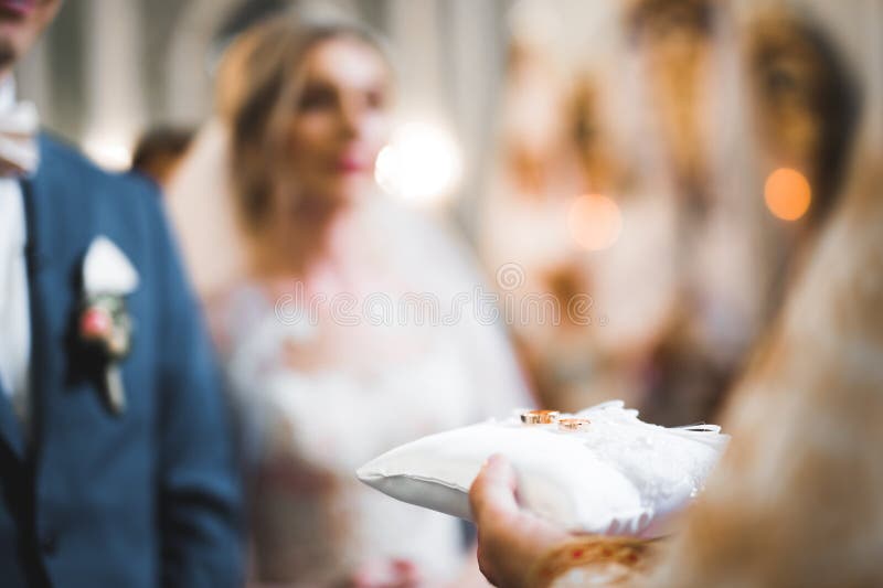 Wedding Rings on Ceremony at Church. Macro. Stock Photo - Image of gift ...