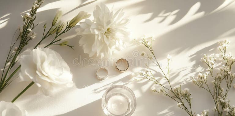 Wedding Rings and Flowers on a Table with Soft Sunlight for Elegant ...