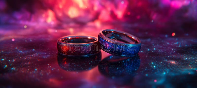 Wedding Rings with Galaxy Texture on Magical Vibrant Blurred Galaxy ...