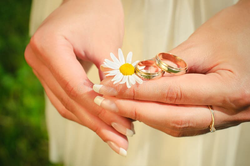 Wedding Rings on Hands of the Bride on a Camoline Stock Photo - Image ...