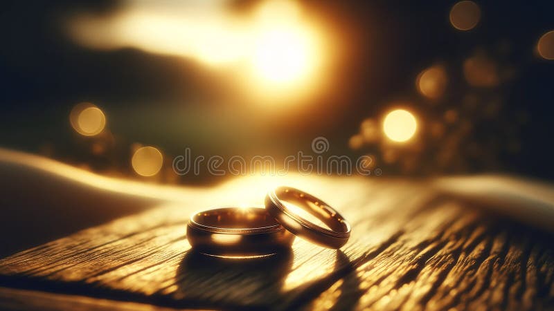 Wedding Rings Lying Atop a Rustic Wooden Surface, Illuminated by a Soft ...