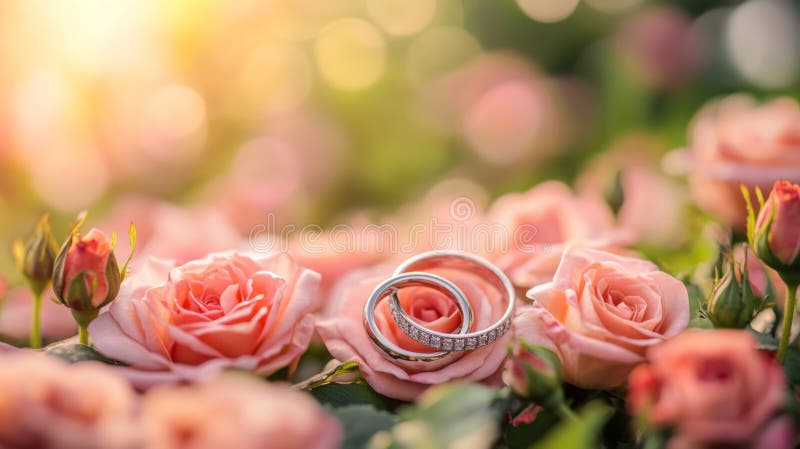 Wedding Rings Nestled among Delicate Pink Roses Stock Illustration ...