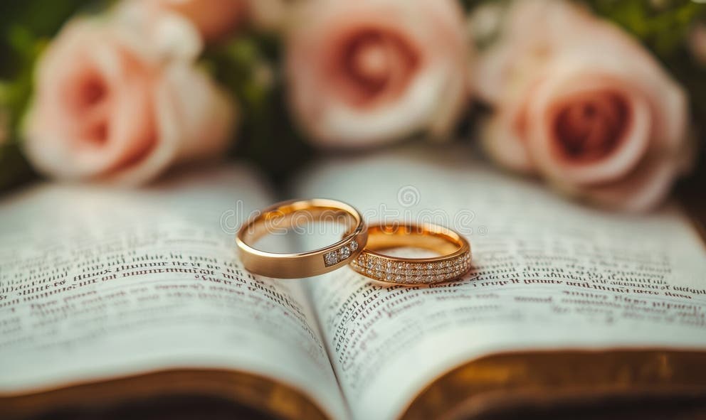 Wedding Rings on Open Book with Roses in Background, Symbolizing Love ...