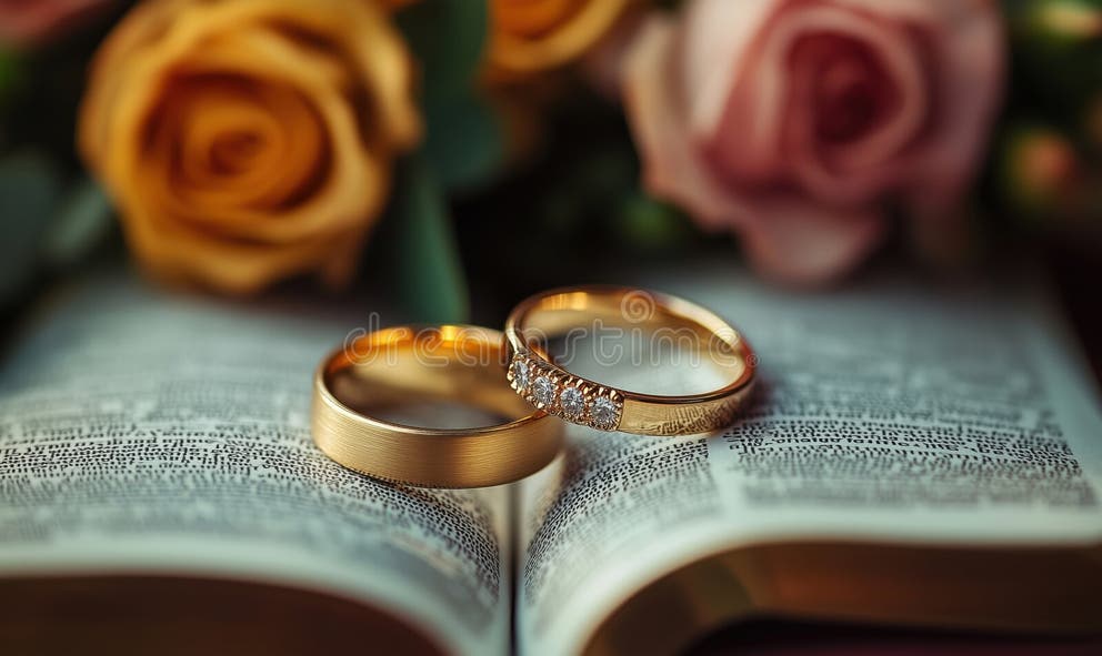 Wedding Rings on Open Book with Roses in Background, Symbolizing Love ...