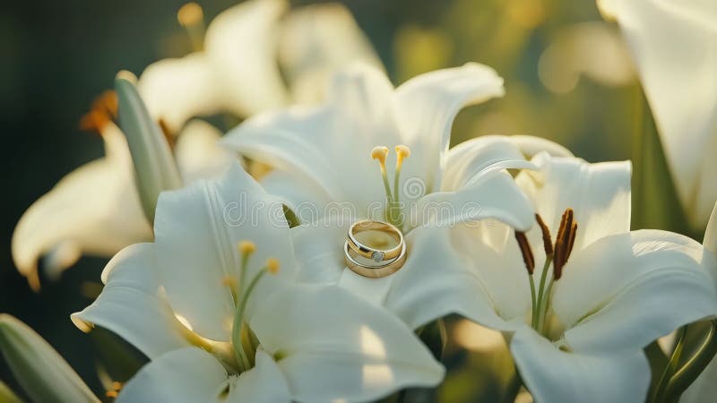 Wedding Rings Placed Elegantly on White Lilies at Sunset To Symbolize ...