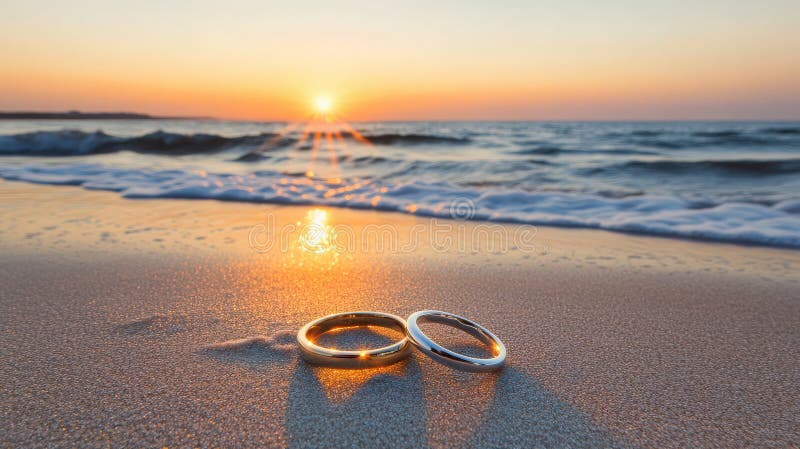Wedding Rings on Sandy Beach at Sunset Stock Image - Image of diamond ...