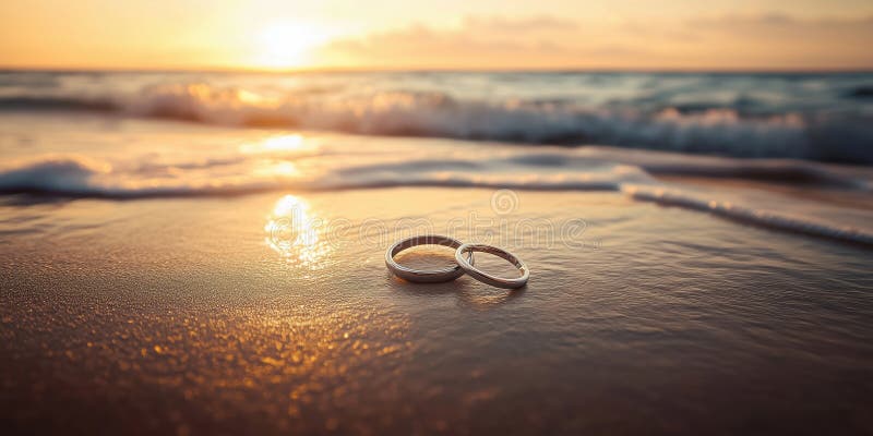 Wedding Rings on Sandy Beach at Sunset, Symbolizing Love and Commitment ...