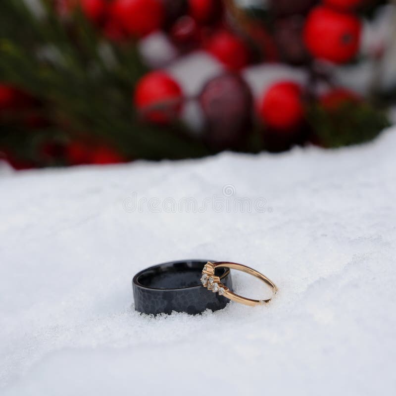 Wedding Rings in Snow with Red Berries Texture Marriage Commitment ...