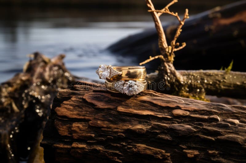 Wedding Rings on a Stump, with a River Flowing Gently in the Background ...