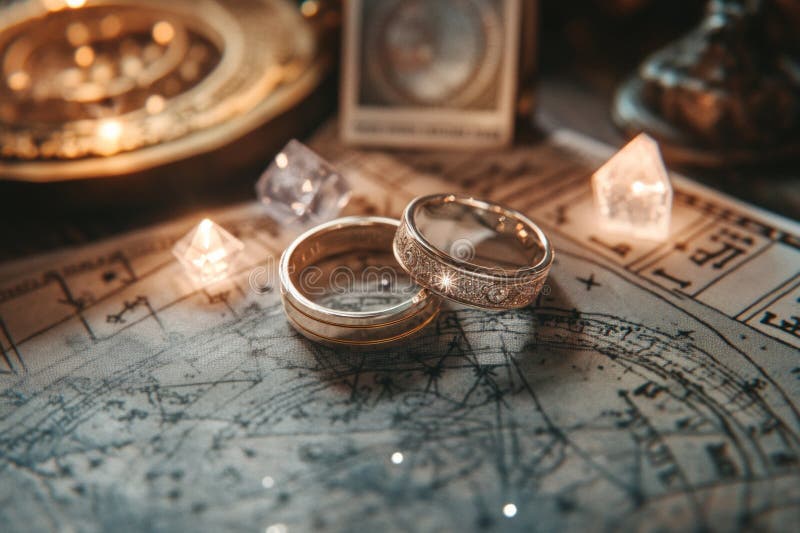Wedding Rings on Vintage Map with Illuminated Crystals and Compass ...