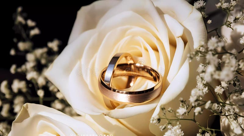 Wedding Rings on a White Rose. Generative Ai Design Stock Illustration ...