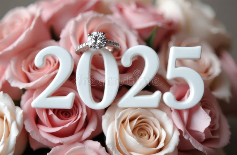 2025 Wedding: Romantic Pink Roses and Diamond Ring Arrangement Stock ...
