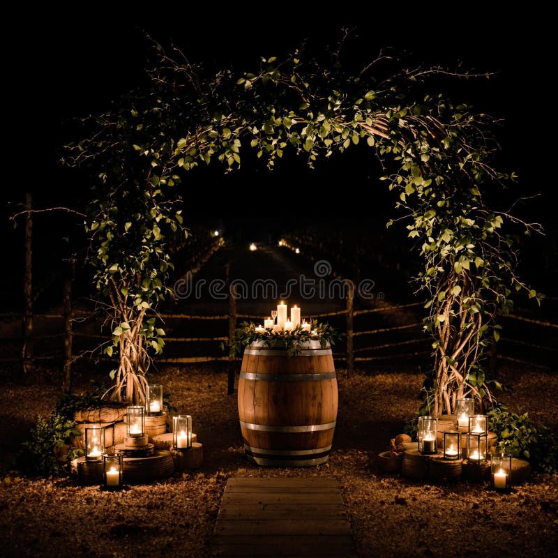 Wedding with a Rustic Wine Barrel Altar and Grapevine Decor Stock ...