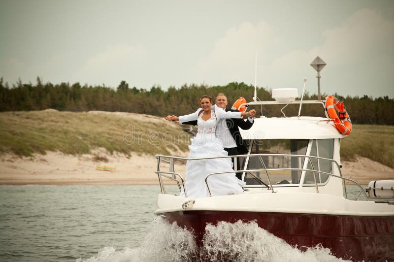 Wedding scene on motorboat stock image. Image of flying - 29299383