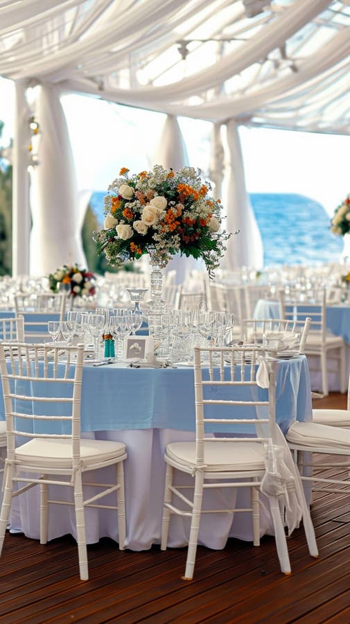 Wedding Setup Blue Covered Round Tables in a Pristine Pavilion Stock ...