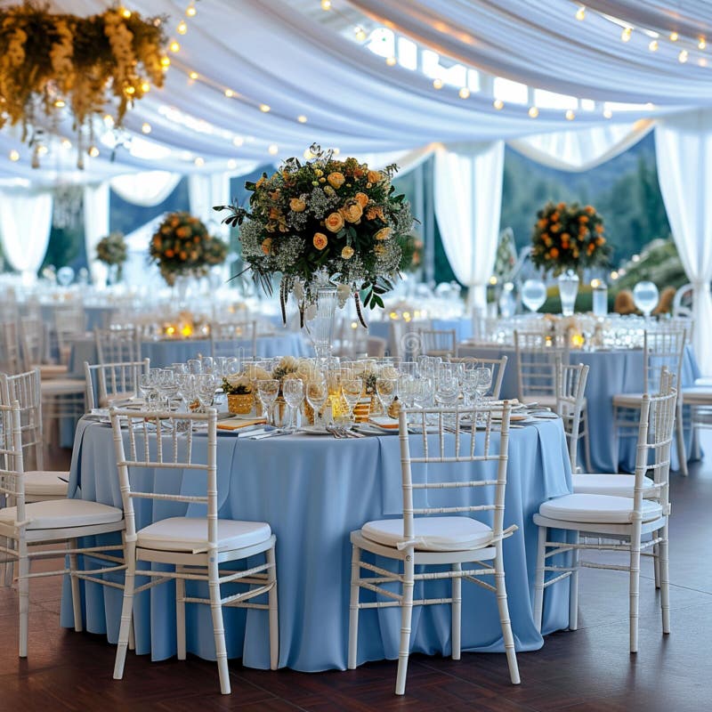 Wedding Setup Blue Covered Round Tables in a Pristine Pavilion Stock ...