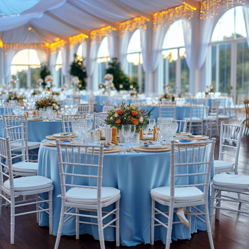 Wedding Setup Blue Covered Round Tables in a Pristine Pavilion Stock ...