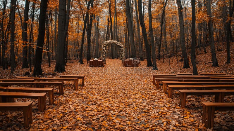 Wedding setup in woods stock photo. Image of rustic - 379490552