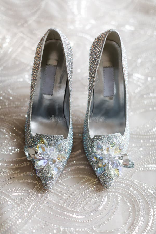 Wedding Shoes with Gems on the Dress Stock Image - Image of soft ...