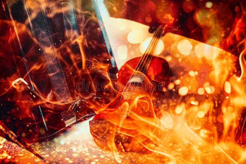 Wedding Still Life with Violin and Accordion on Fire Background. Stock ...