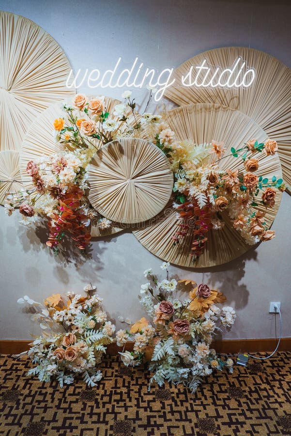 Wedding Studio Decor with Neon Sign and Floral Backdrop Stock Photo ...