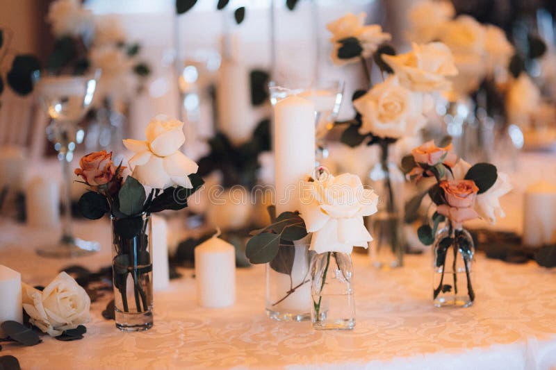 Wedding Table Adorned with Candles and Roses Stock Image - Image of ...