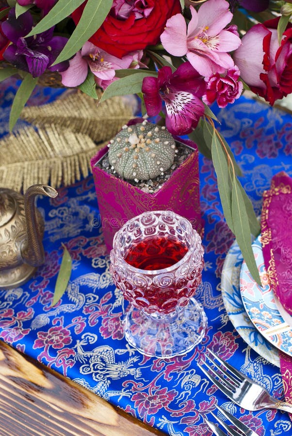 Wedding Table Arrangement in Desert Sand Stock Photo - Image of banquet ...