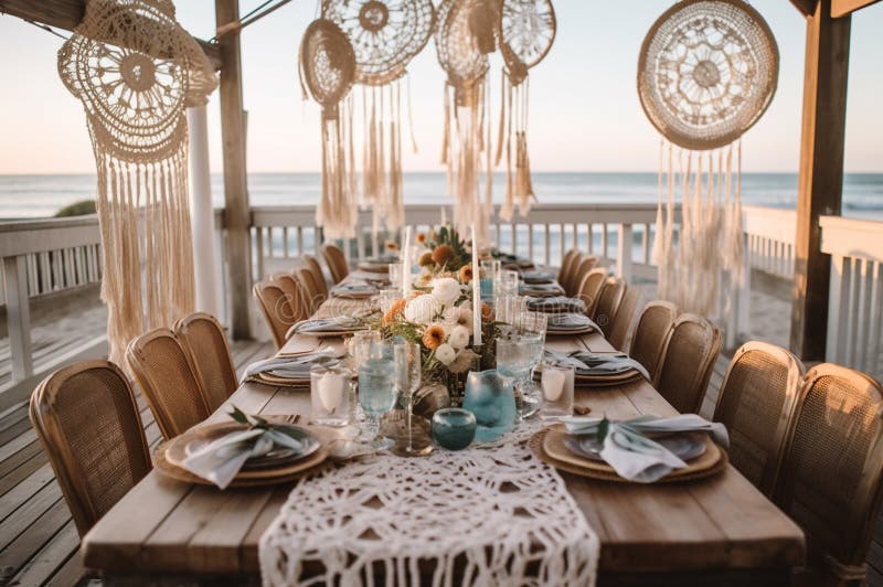 Wedding Table Decorated in Boho Style at Ocean Beach. Generative a ...
