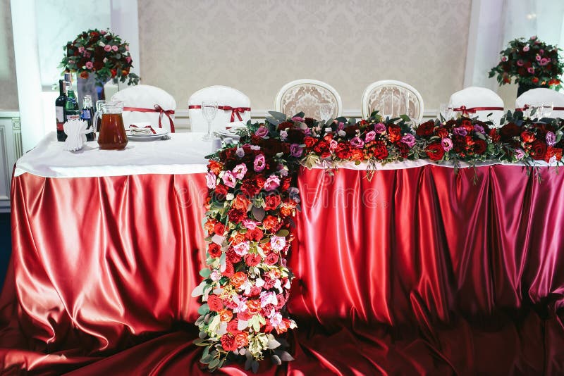 Wedding Table Decorated with Bunch of Roses and Greenery Stock Image ...