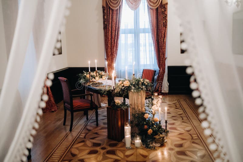 Wedding Table Decoration with Flowers on the Table in the Castle, Table ...