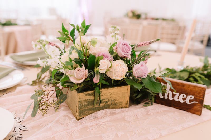 Wedding Table Decoration with Flowers in Rustic Style Stock Image ...