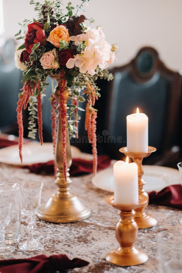 Wedding Table Decoration with Flowers on the Table in the Castle, Table ...