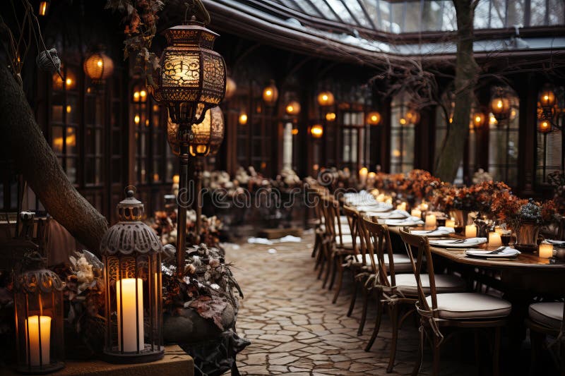 Wedding Table Dressing in Winter Stock Photo - Image of warmth, party ...