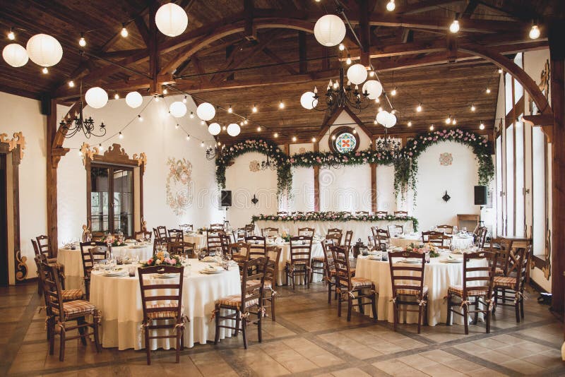 Luxury Decorated Dinner Hall in White and Brown Tones Stock Image ...