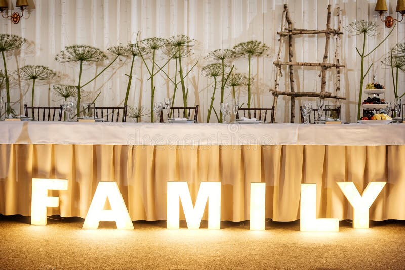 Wedding Table, Luminous Letters FAMILY Stock Image - Image of logo ...