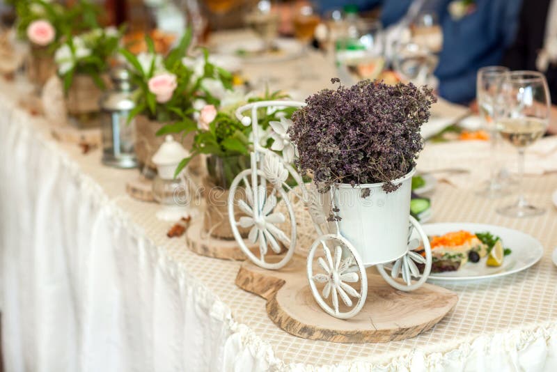 Wedding Table with Meal and Decorative Coach Stock Photo - Image of ...