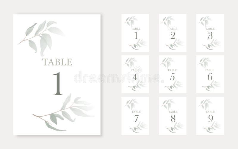 Wedding Table Number Template with Watercolor Green Leaves Stock Vector ...