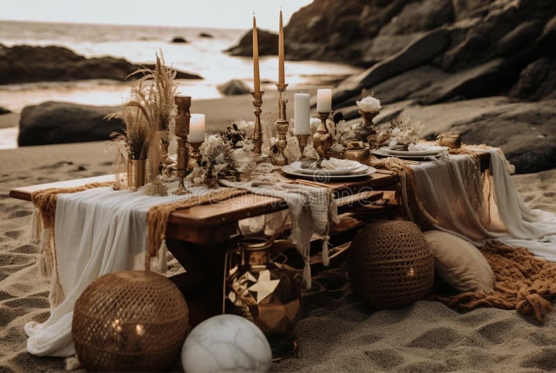 Wedding Table at Ocean Beach at Sunset. Generative AI Stock ...