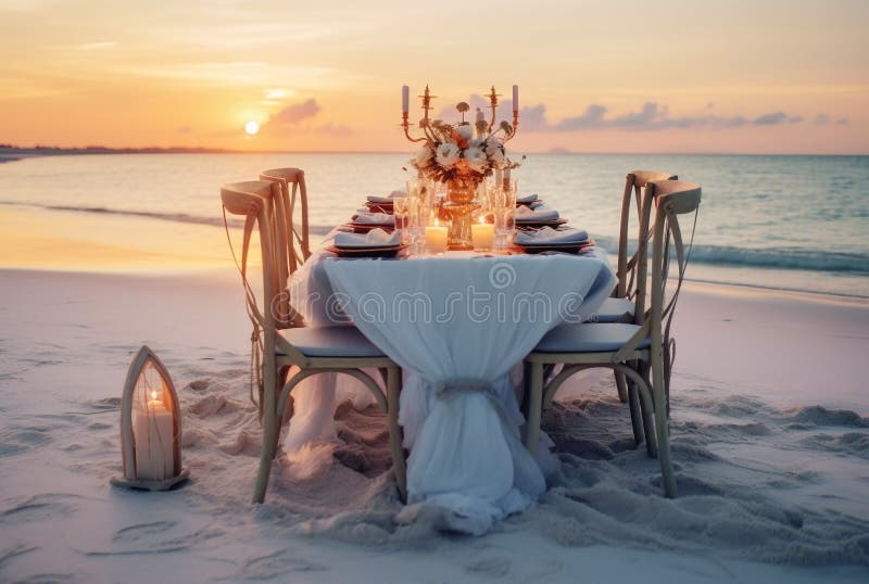 Wedding Table at Ocean Beach at Sunset. Generative AI Stock ...