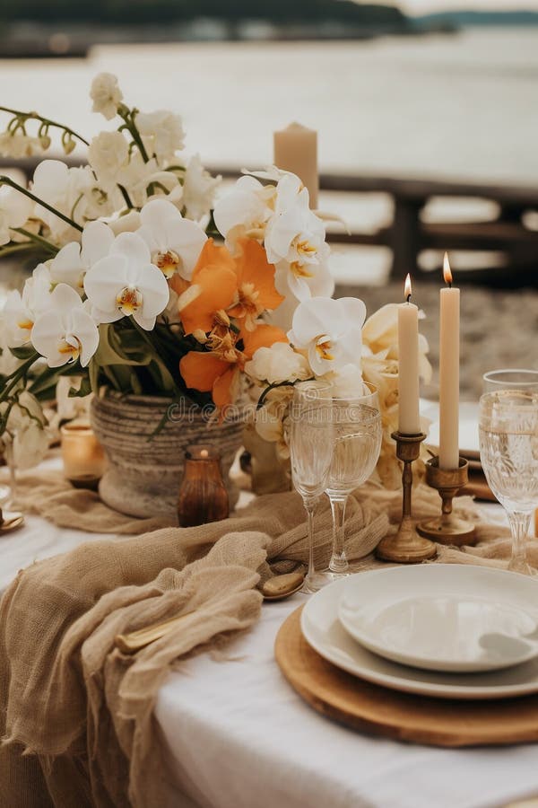 Wedding Table at Ocean Beach at Sunset. Generative AI Stock ...