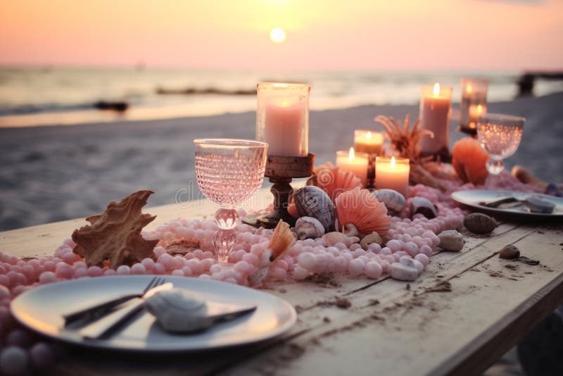 Wedding Table at Ocean Beach at Sunset. Generative AI Stock ...
