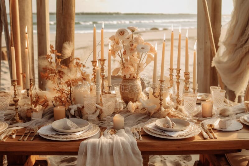 Wedding Table at Ocean Beach at Sunset. Generative AI Stock ...