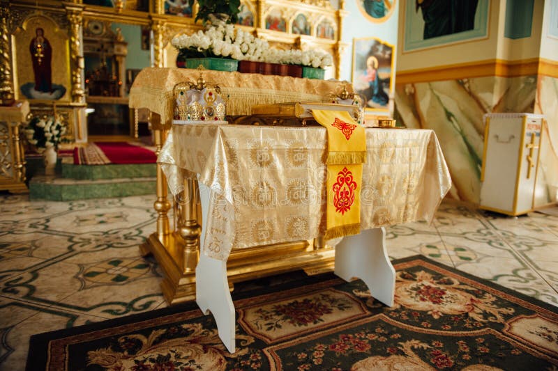 Wedding Table Priest with the Bible, a Crown Stock Photo - Image of ...