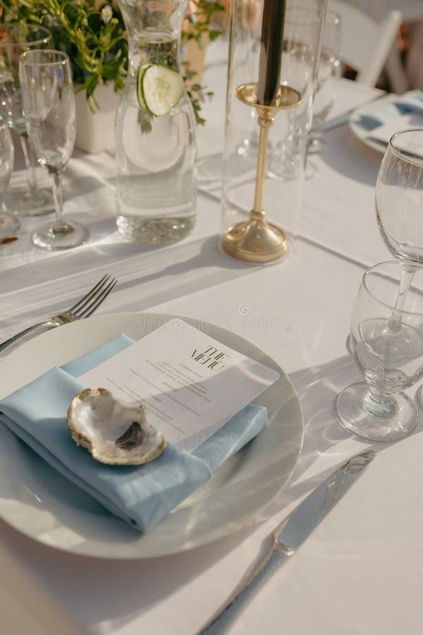 Wedding Table Set with a Menu on a Plate in Sunlight Stock Image ...
