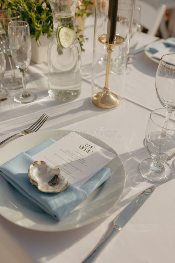 Wedding Table Set with a Menu on a Plate in Sunlight Stock Image ...