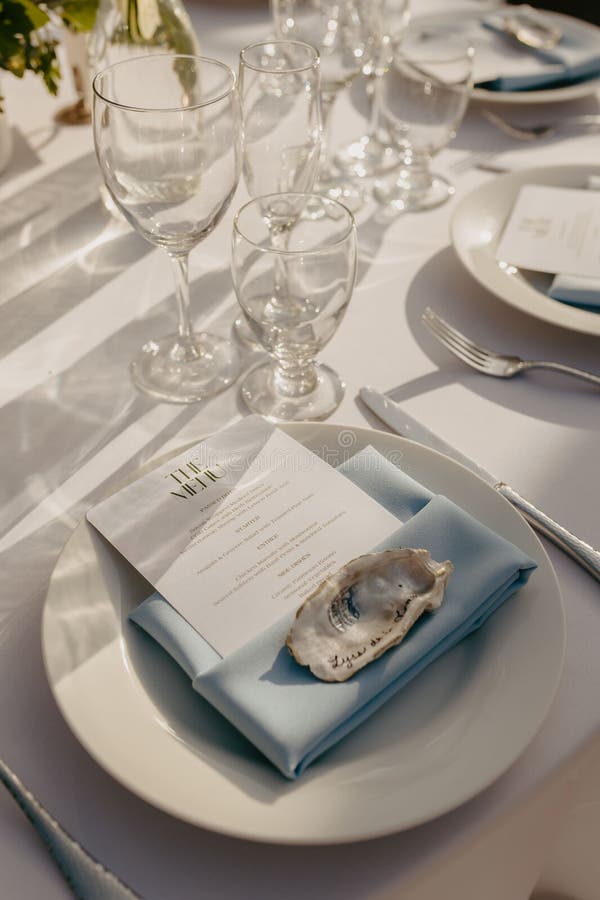 Wedding Table Set with a Menu on a Plate in Sunlight Stock Image ...