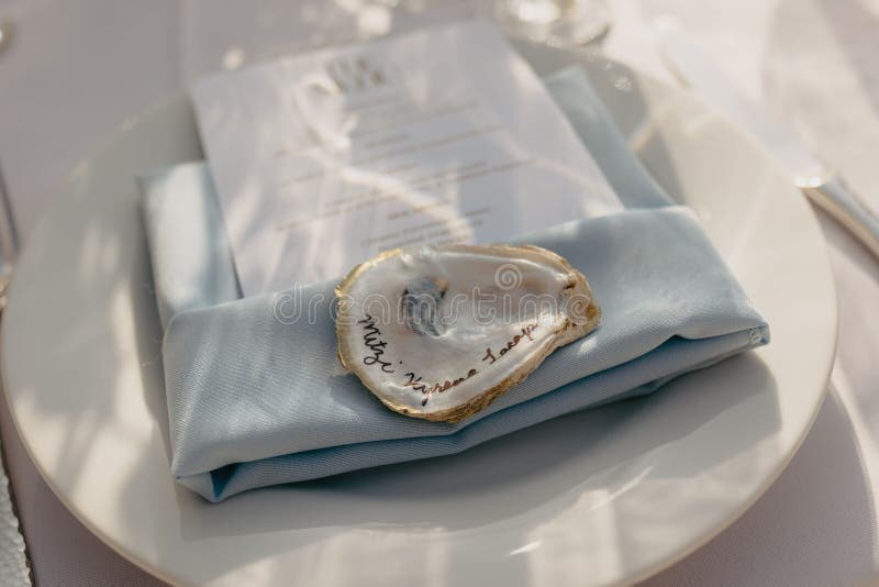 Wedding Table Set with a Menu on a Plate in Sunlight Stock Photo ...