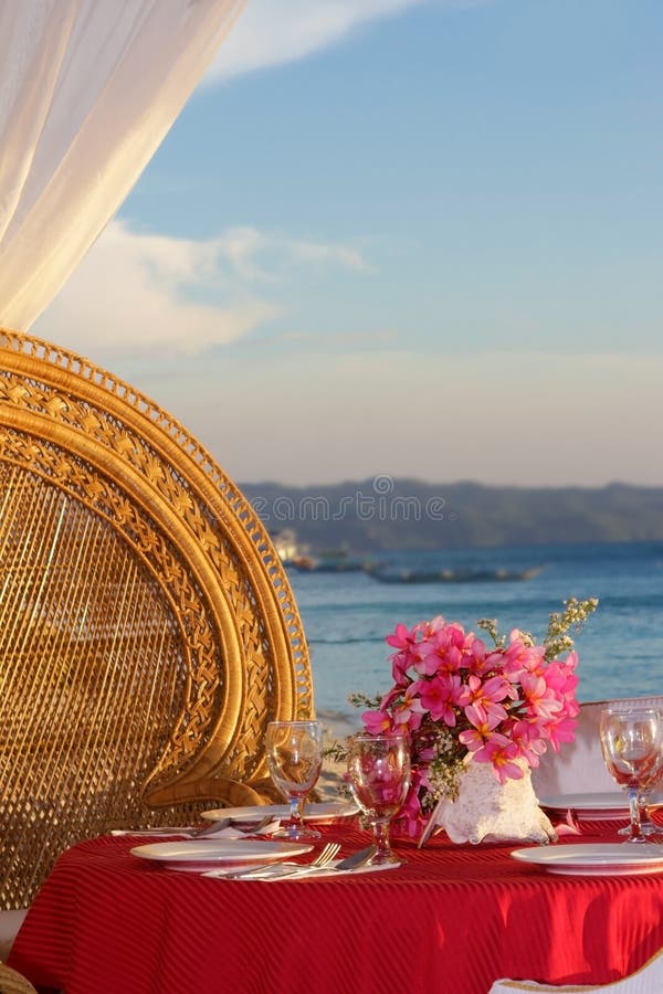 Wedding Table Set Up on Tropical Beach Stock Image - Image of deco ...