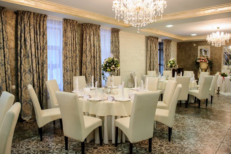 Wedding Table Setting in a Banquet Hall Stock Photo - Image of color ...